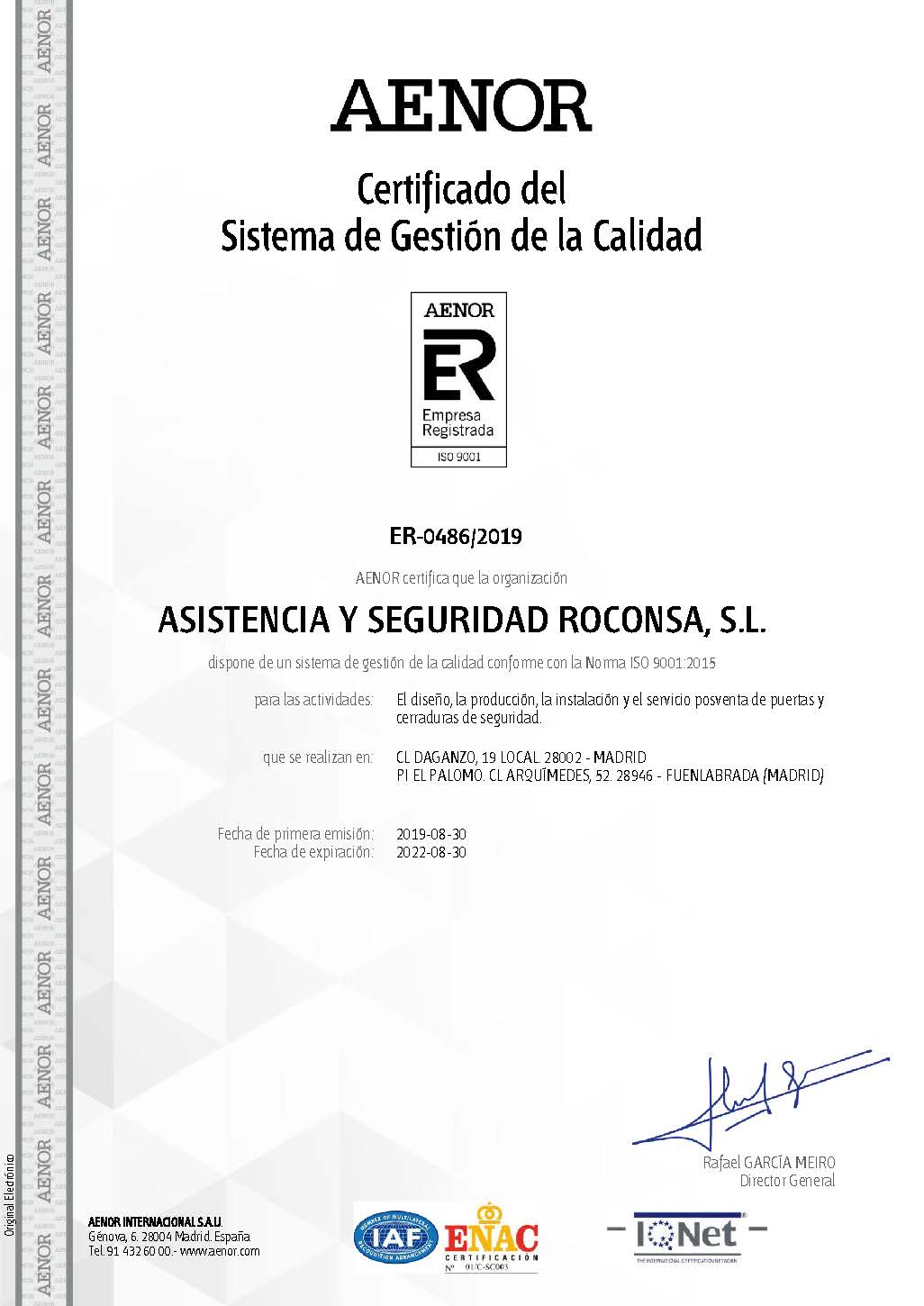 Certificados de calidad Roconsa
